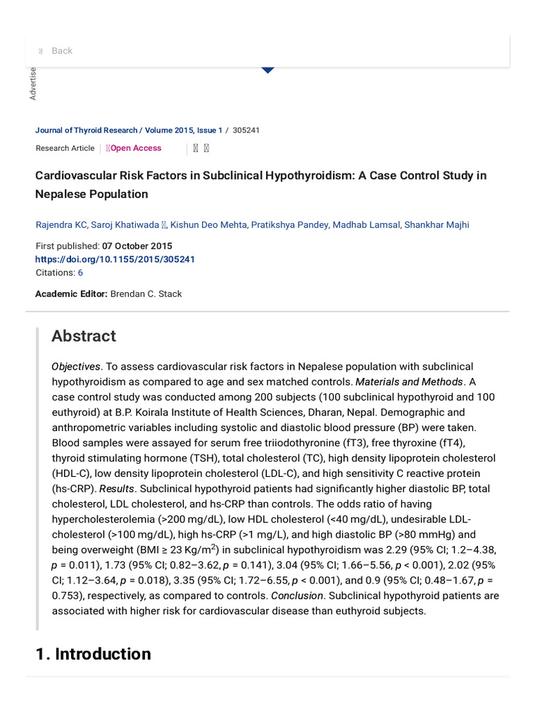 Cardiovascular Risk Factors in Subclinical Hypothyroidism: A Case Control Study in Nepalese ...