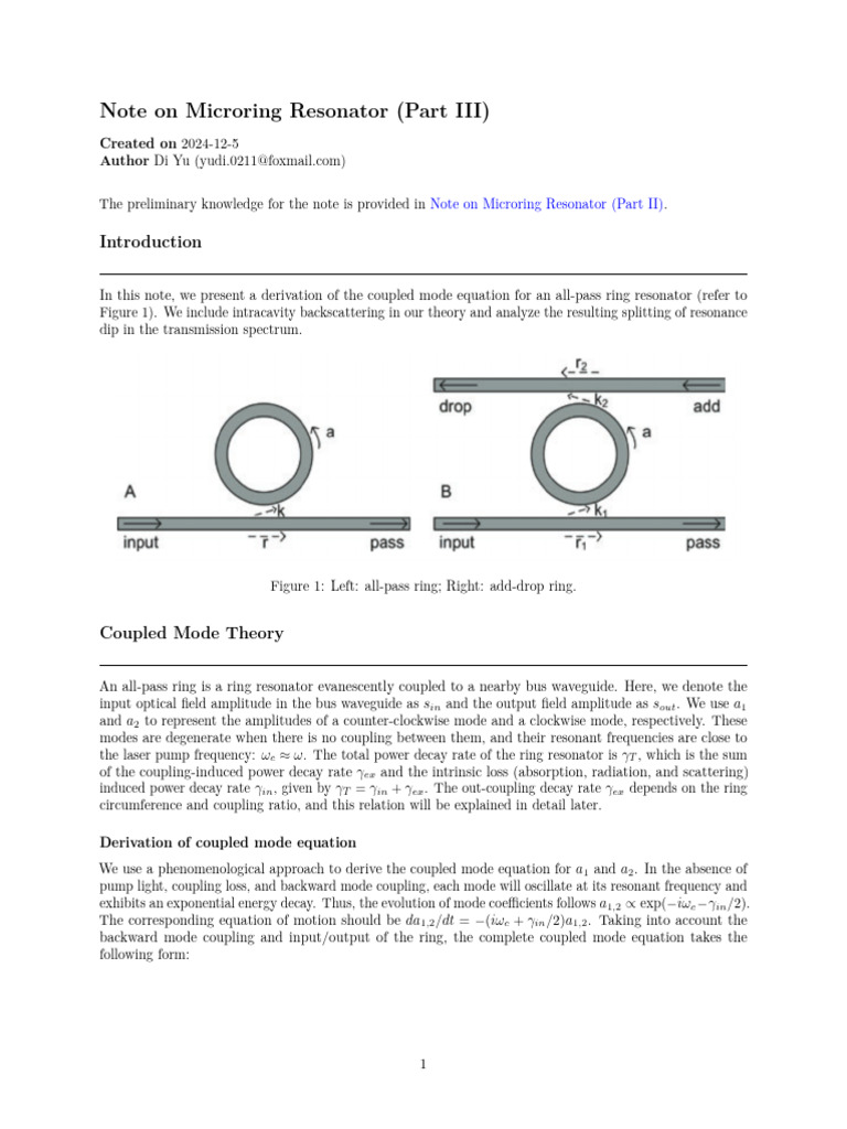 Coupled Mode Equation for Microring Resonators | PDF | Resonance | Physics