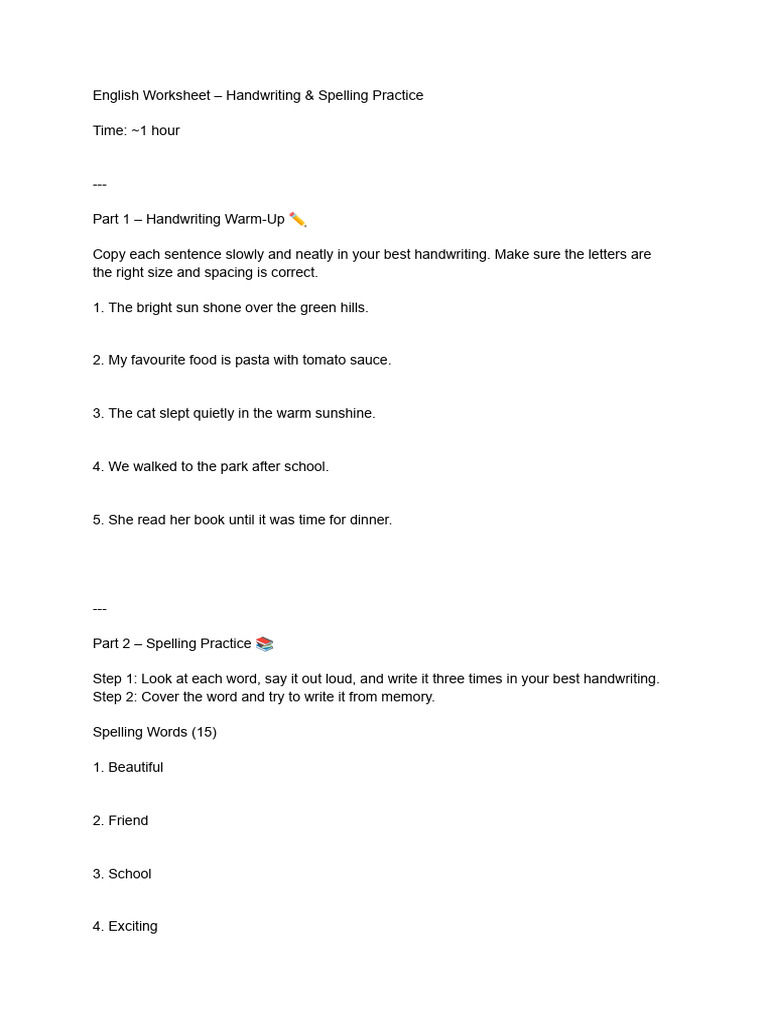 English Worksheet - Handwriting & Spelling Practice | PDF