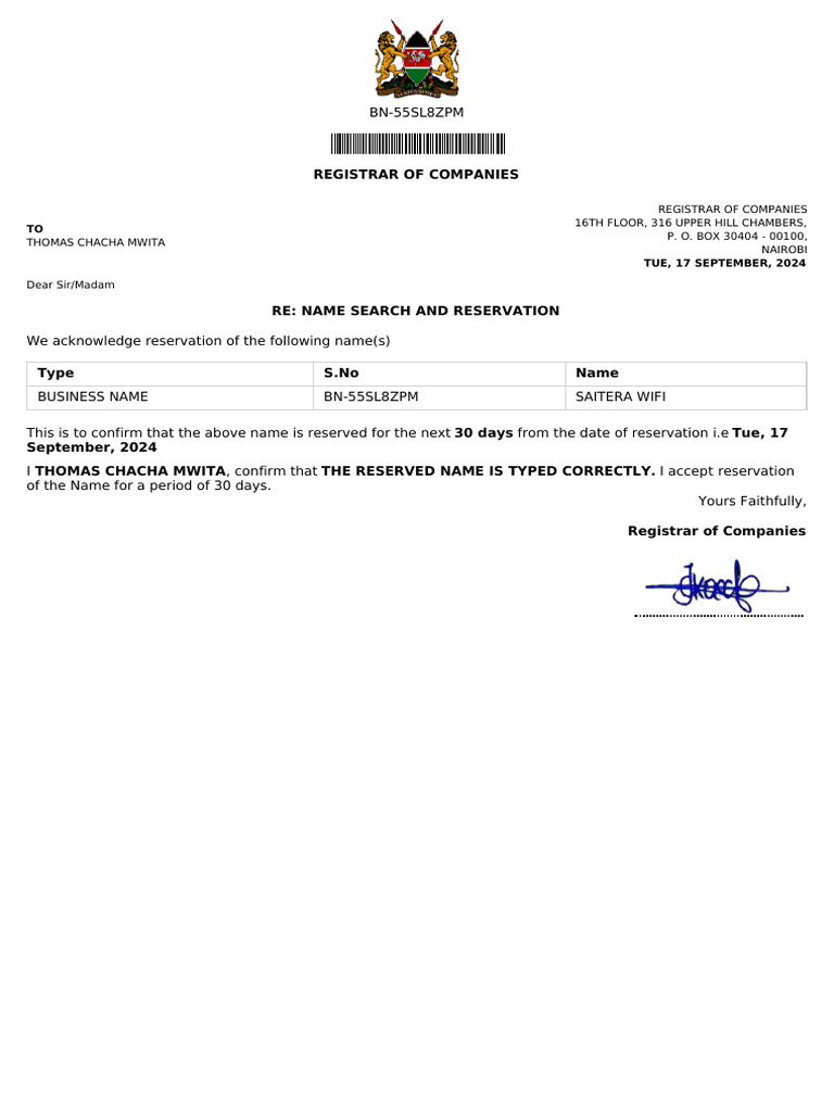 BN 55SL8ZPM Name Reservation Certificate | PDF