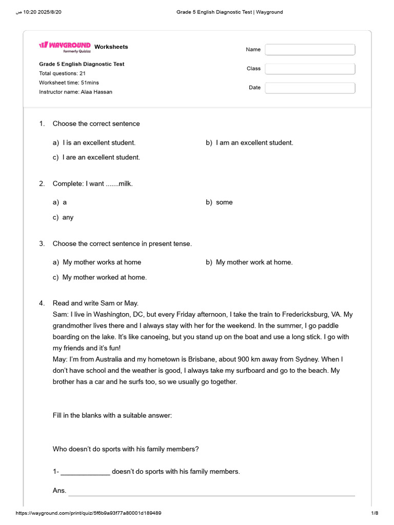 Grade 5 English Diagnostic Test | PDF