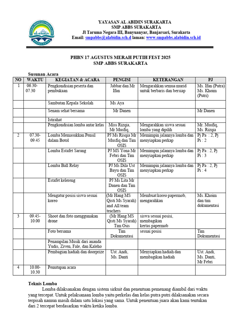 Merah Putih Fest 2025 SMP ABBS Surakarta | PDF