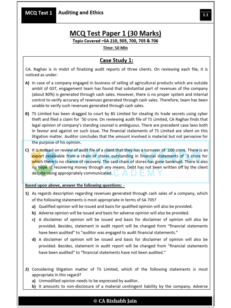 Auditing and Ethics MCQ Test Paper | PDF | Auditor's Report | Audit