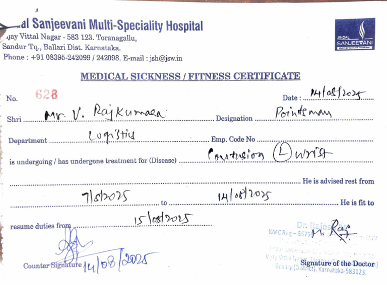 V Rajkumar Fitness Certificate | PDF