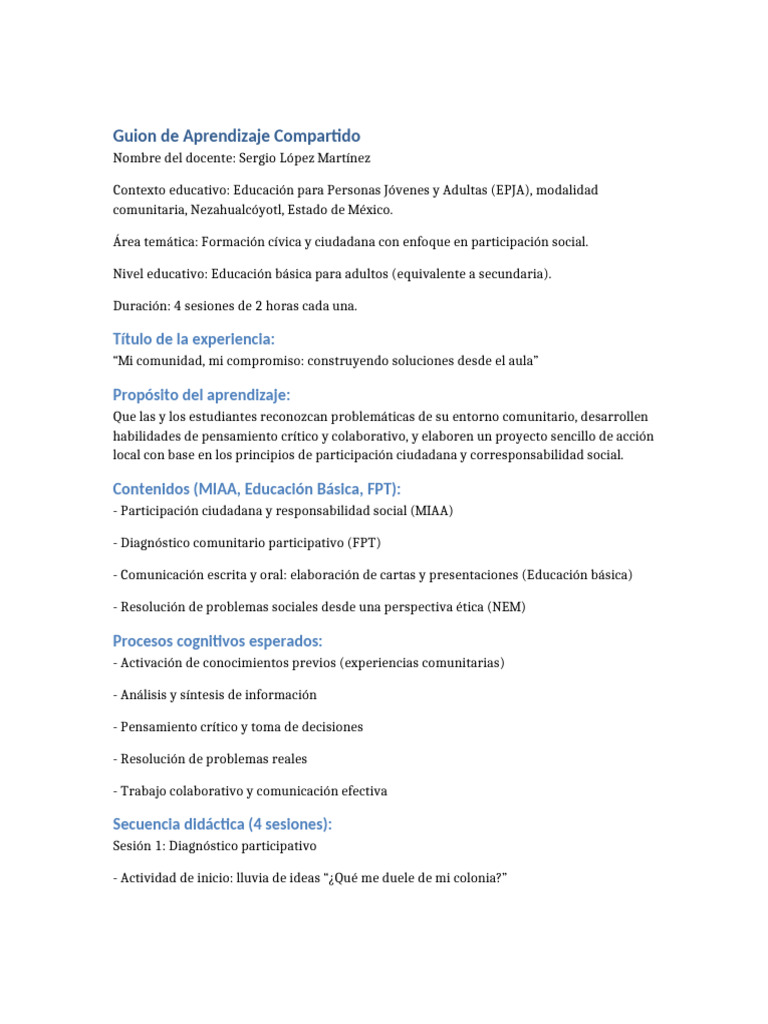 Guion de Aprendizaje EPJA NEM | PDF | Aprendizaje | Educación primaria