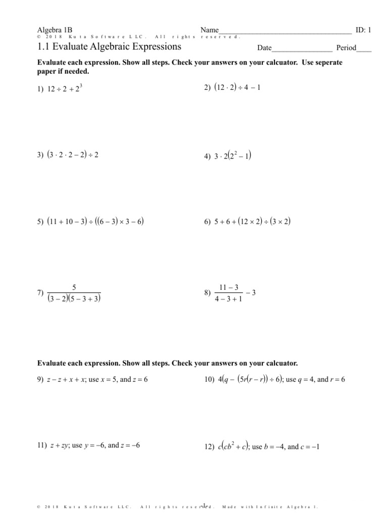 1-1 Evaluate Algebraic Expressions - WS | PDF | Abstract Algebra ...