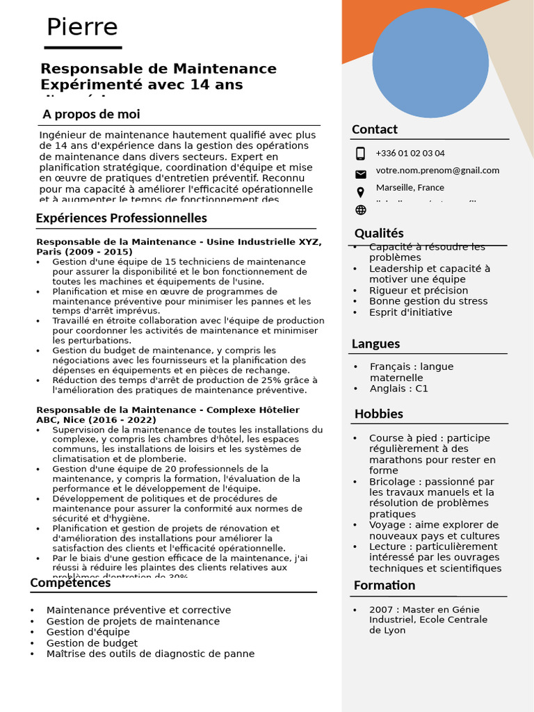 CV Responsable Maintenance Expérimenté | PDF | Gestion de projet
