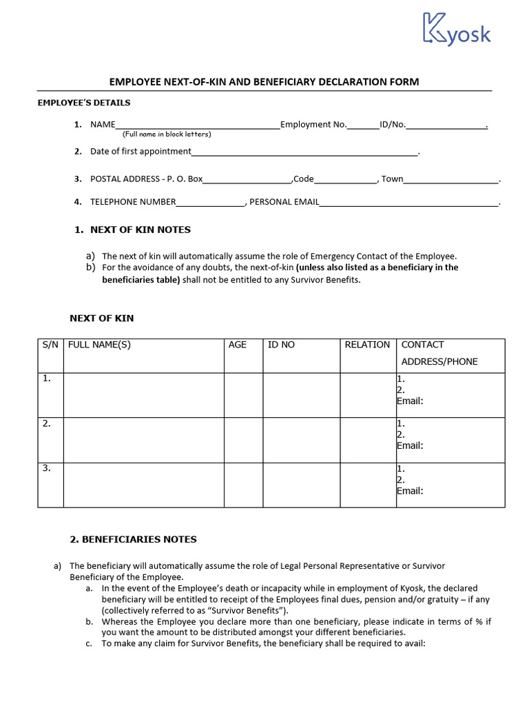 Kyosk Next-Of-Kin and Beneficiary Declaration Form | PDF | Identity Document | Justice