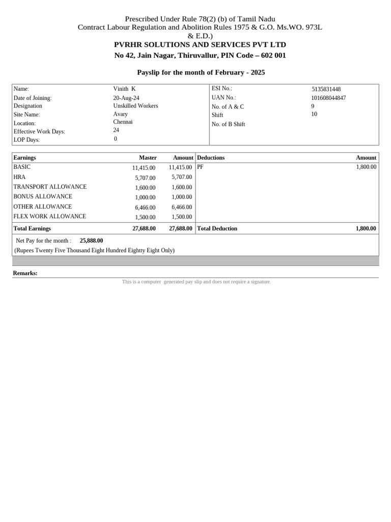 February 2025 Payslip for Vinith K | PDF