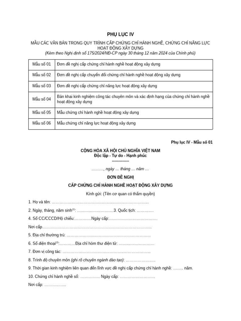 Phu Luc IV Nghi Dinh 175 | PDF