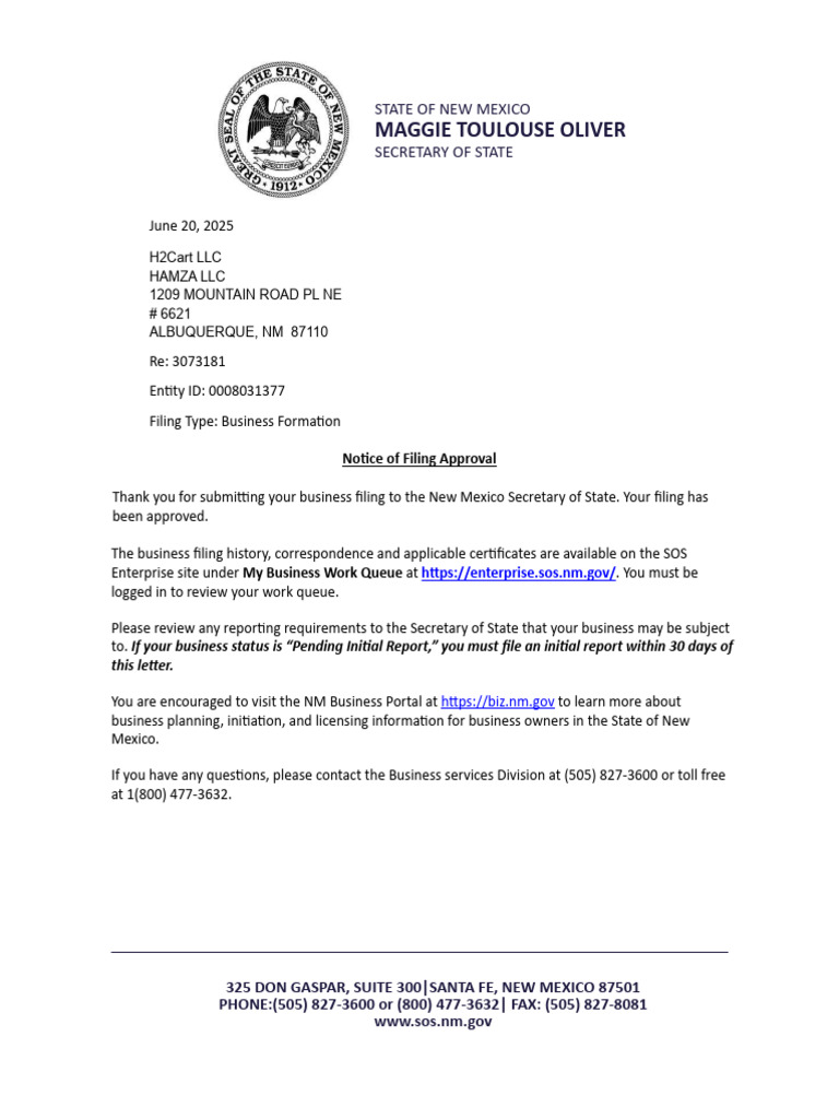 UCC Filing Approval Notice - NM Secretary | PDF