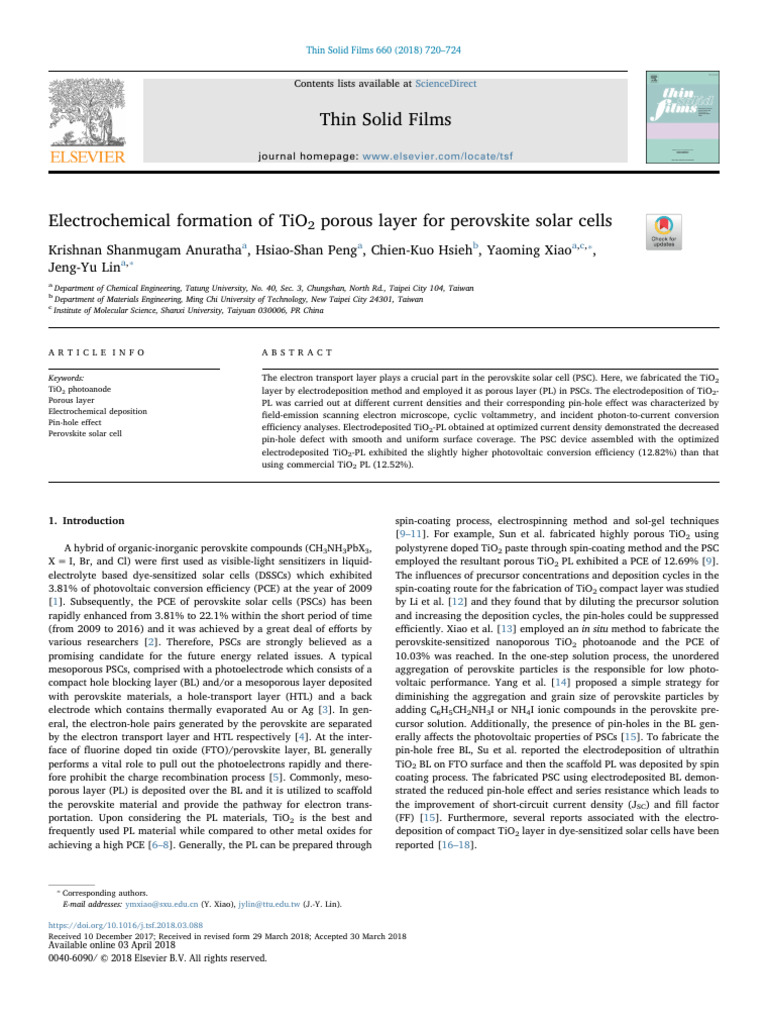 Electrochemical Formation of TiO2 Porous Layer For Perovskite Solar ...