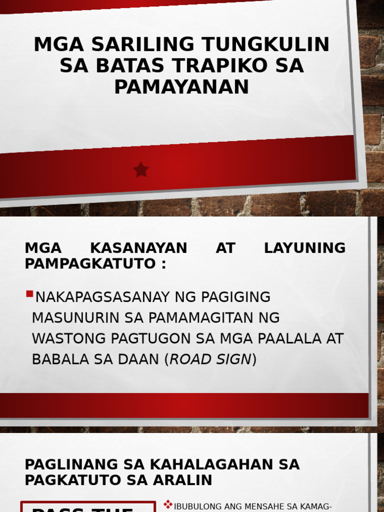 Mga Sariling Tungkulin Sa Batas Trapiko Sa Pamayanan | PDF