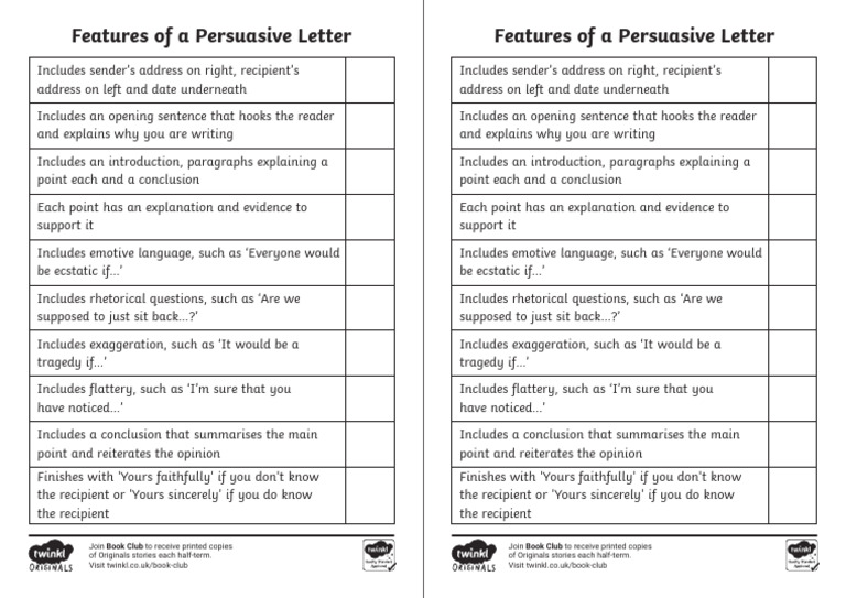 Features of A Persuasive Letter Checklist English Ver 2 | PDF