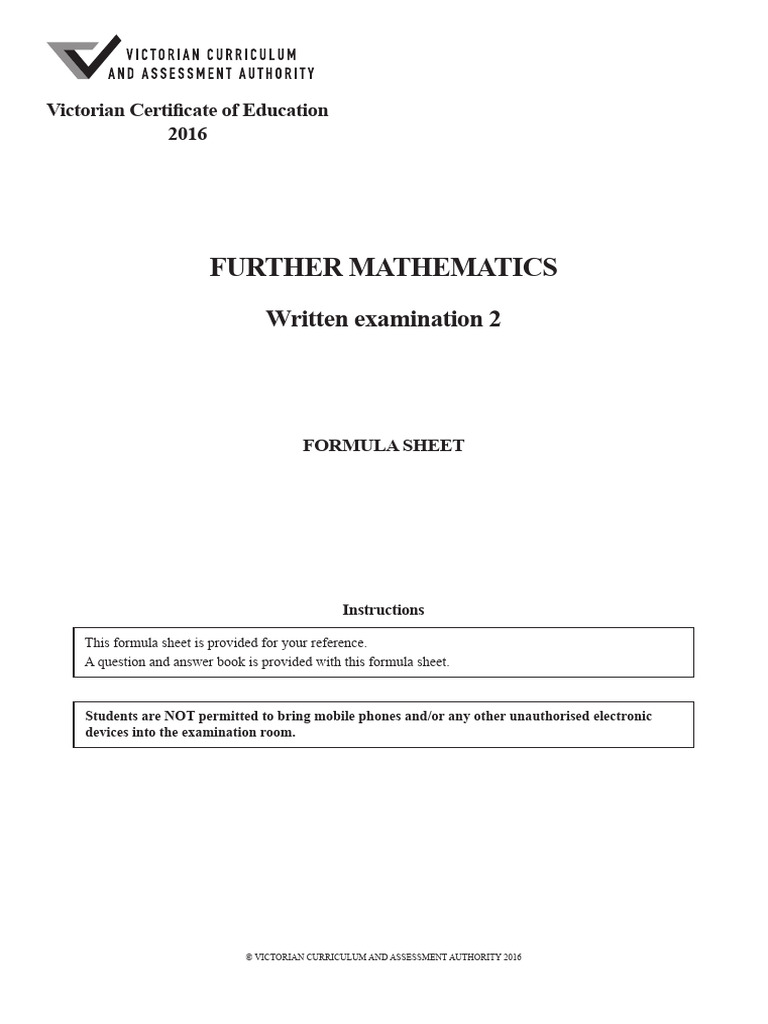 Further Mathematics Exam Formula Sheet | PDF | Area | Mathematical Objects