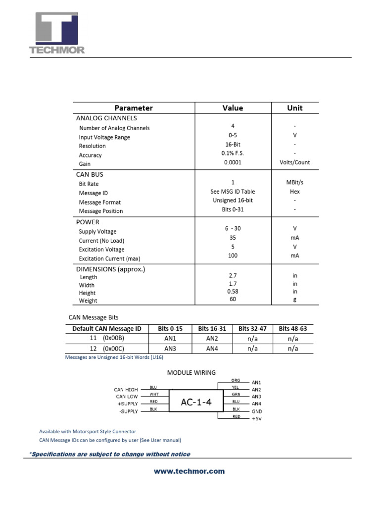 Analog To CAN Bus Modules AC 1 4 Rev F Specification Sheet | PDF ...