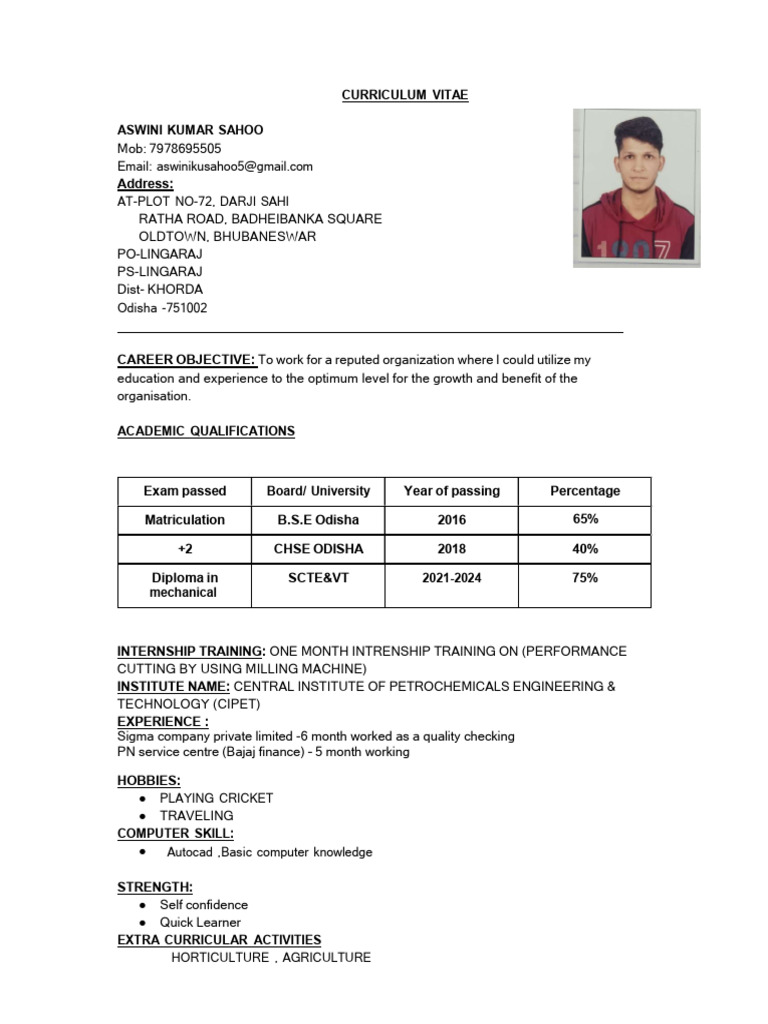 Aswini Kumar Sahoo CV Summary | PDF