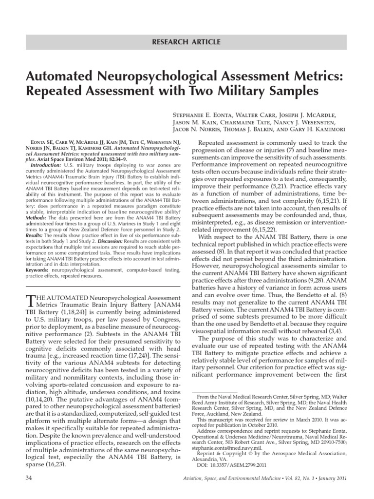 Automated Neuropsychological Assessment Metrics | PDF | Traumatic Brain ...