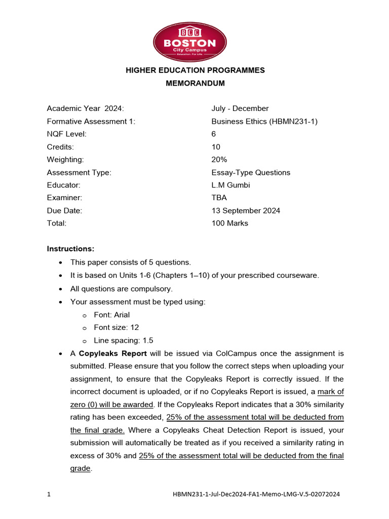 Business Ethics FA1 Memo: July-Dec 2024 | PDF | Corporate Social ...