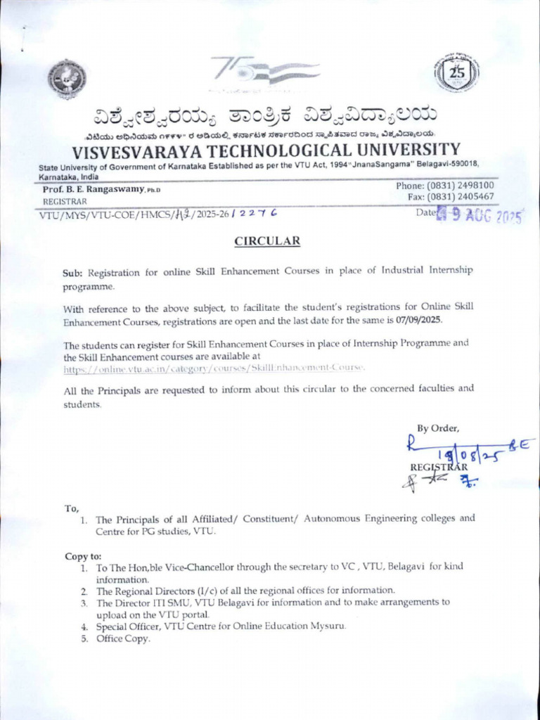 Circular (2276) - Skill Enhancement Courses in Place of Industrial Internship | PDF