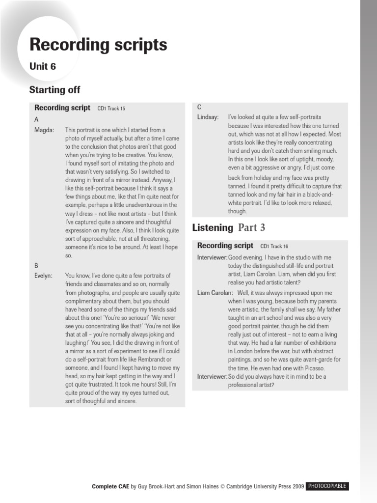 Complete Cae Advanced Unit6 Recording Script Student Version | PDF | Portrait | Paintings
