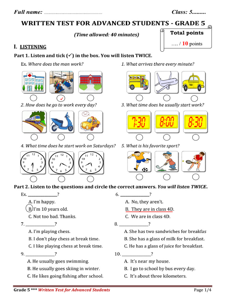 Advanced Test Grade 5 No.1 - With Listening. | PDF