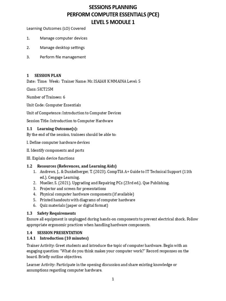 Computer Essentials Session Plan | PDF | Computer File | Computer Hardware