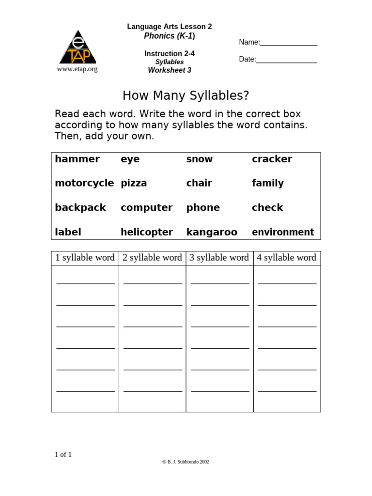 Syllable Counting Worksheet for Kids | PDF