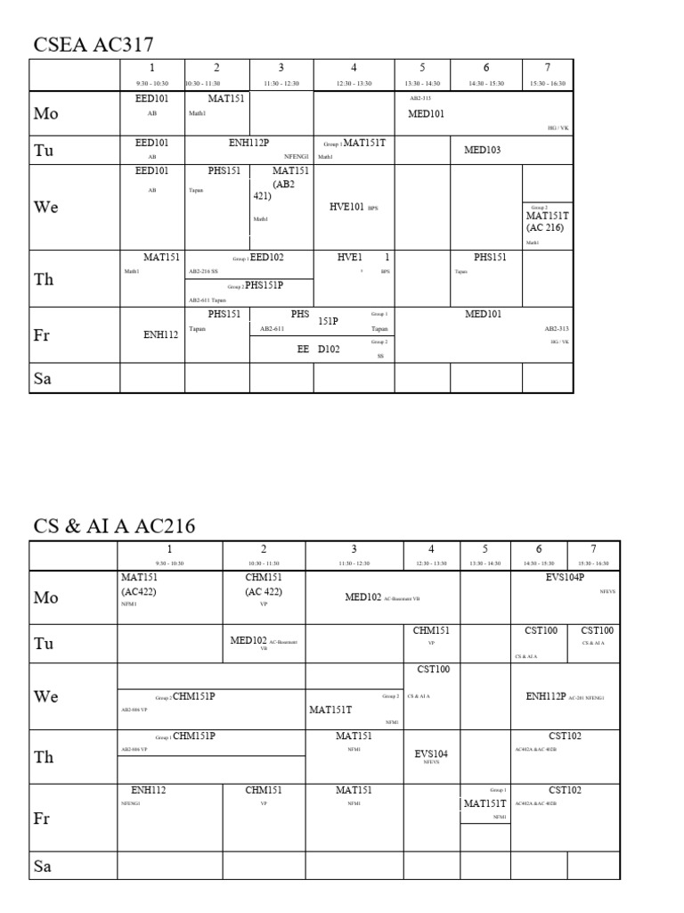 1st Year Timetable 25261-1 | PDF