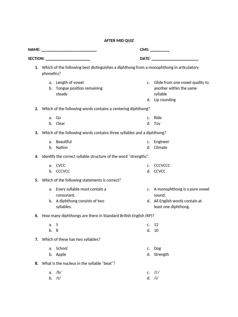 After Mid Quiz Phonetics-A | PDF | Syllable | Vowel