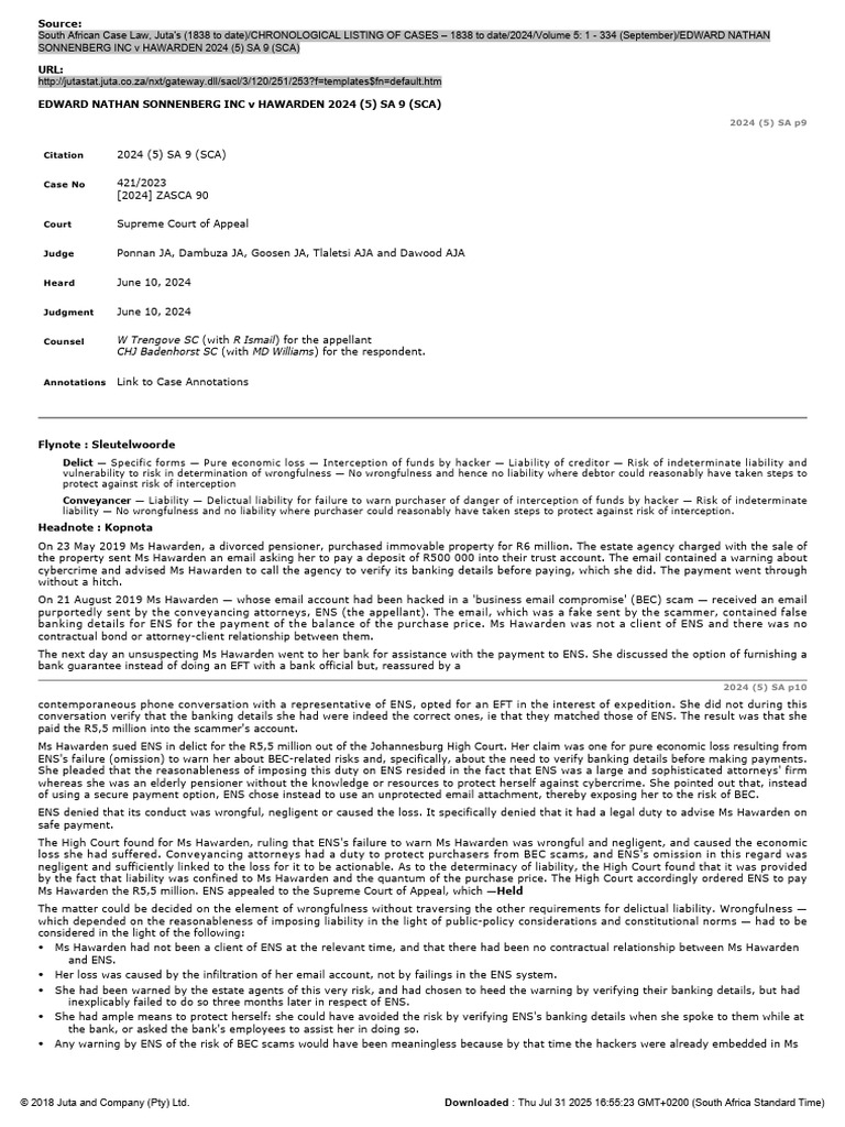 ENS v Hawarden: Cybercrime Liability | PDF | Negligence | Common Law