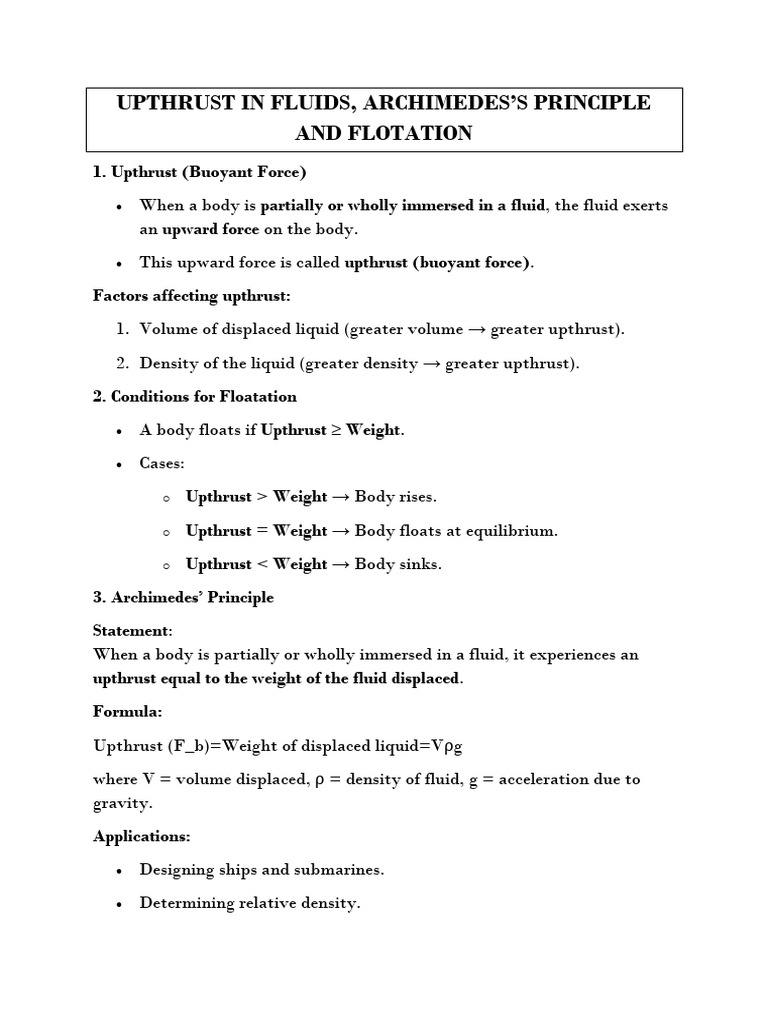 Class 9 Physics Notes (Upthrust in Fluids, Archimedes's Principle and ...