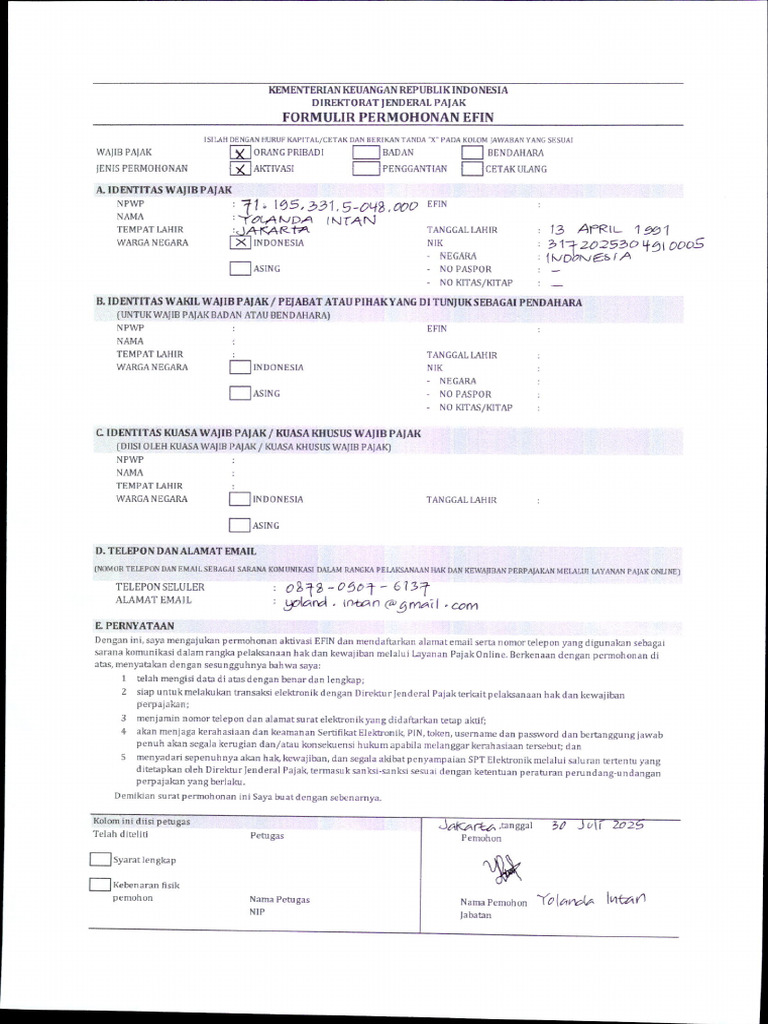Formulir Permohonan EFIN - Yolanda Intan | PDF