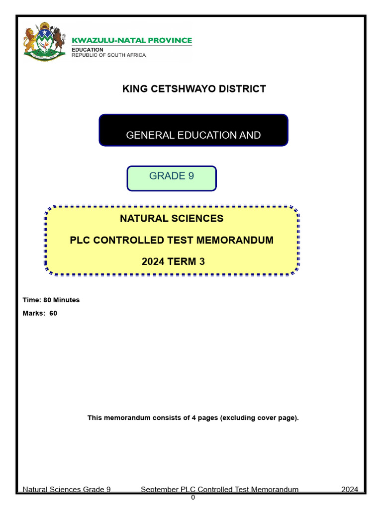 Grade 9 Natural Science Term 3 Memo 2024 | PDF | Electrical Conductor ...