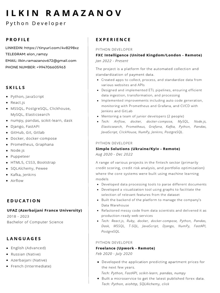 Ilkin Ramazanov Python CV | PDF | Computing | Software Engineering