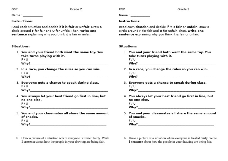 Fair vs Unfair Situations for Grade 2 | PDF | Chess Theory | Chess