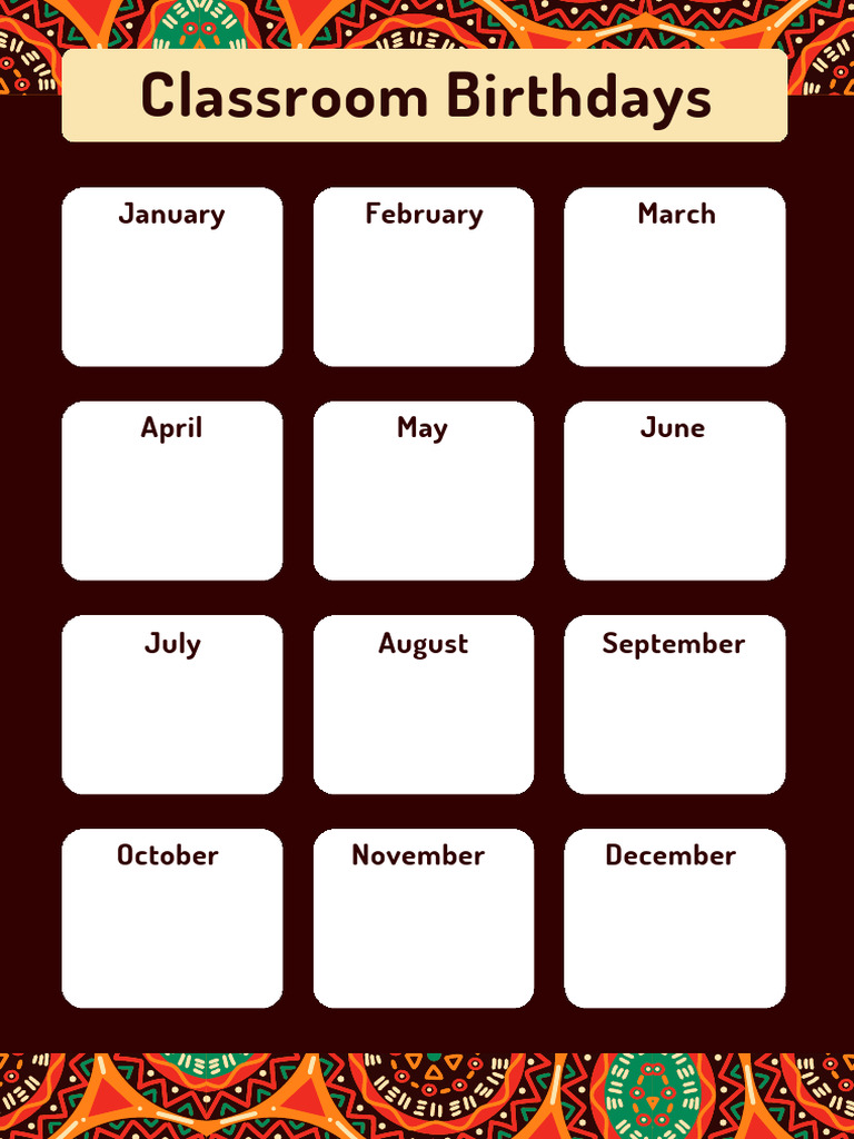 Classroom Birthdays Poster in Brown Orange Green and Red African ...