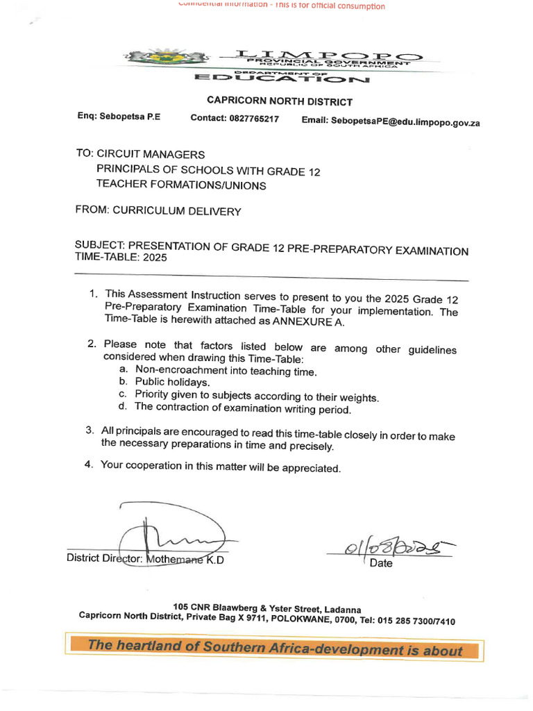 Presentation of Grd12 Pre-Preparatory Examination Time Table 2025 | PDF