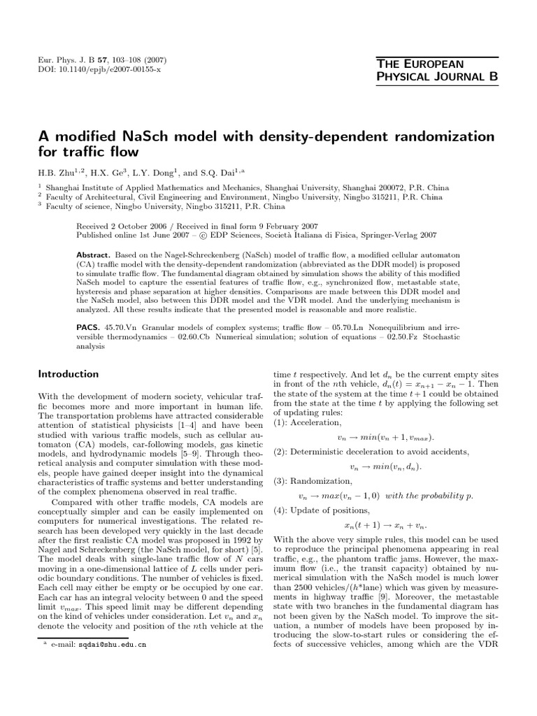Density-Dependent NaSch Model for Traffic | PDF | Spacetime | Simulation