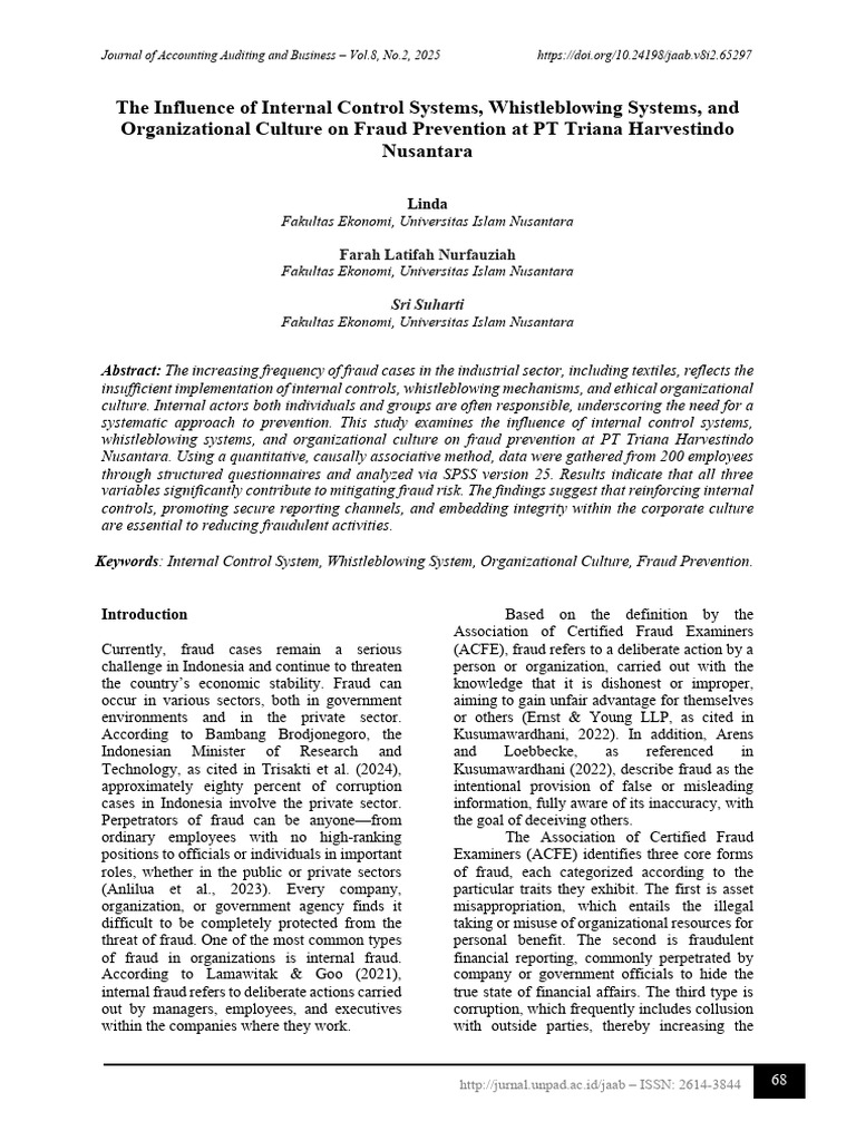 The Influence of Internal Control Systems, Whistleblowing Systems, and Organizational Culture On ...