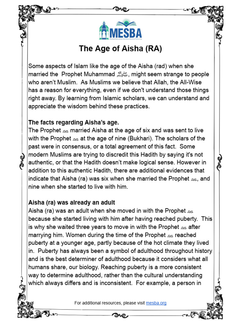 Mesba Resources - The Age of Aisha Ra Article | PDF | Hadith | Muhammad