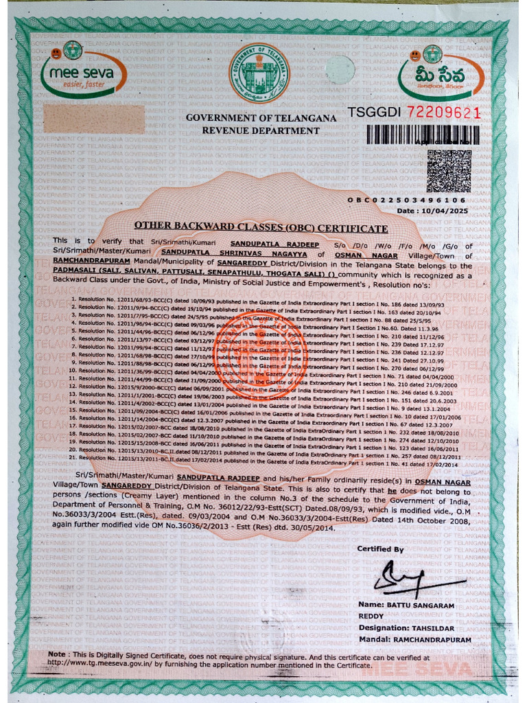 OBC NCL Certificate in Telangana | PDF | Empowerment | Politics Of India