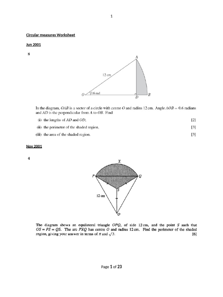 Circular Measures Worksheet | PDF
