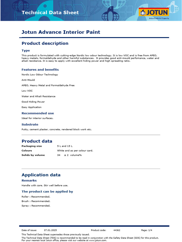 Jotun Advance Interior Paint: Technical Data Sheet | PDF | Paint ...