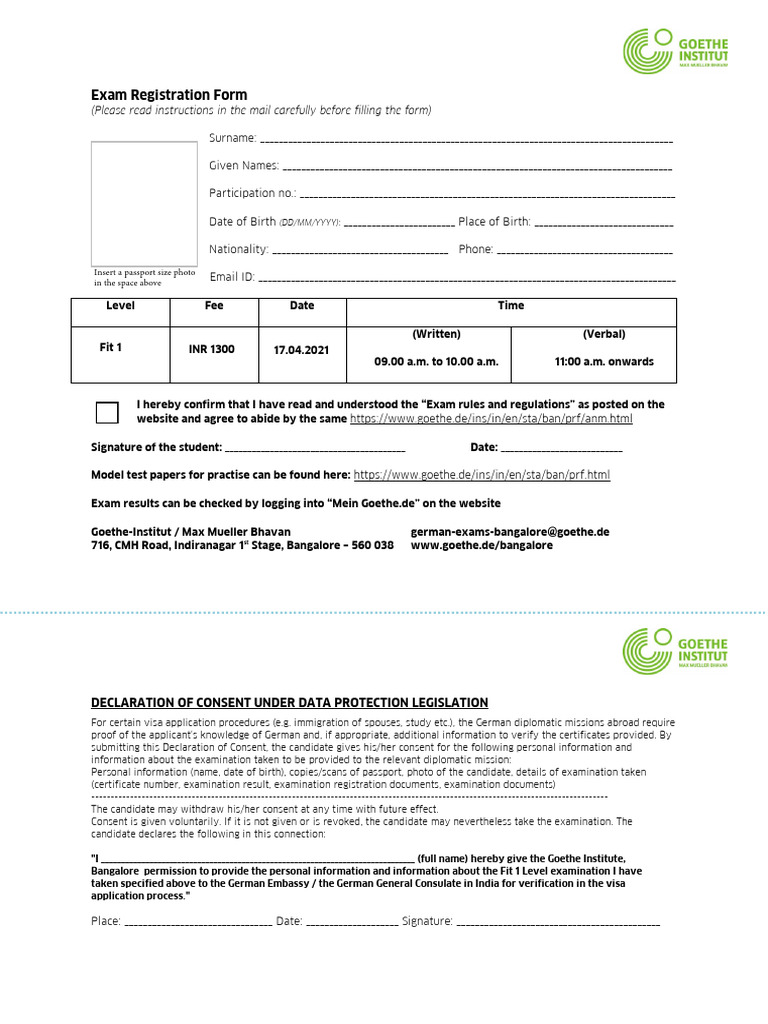 Exam Registration Form for Fit 1 Level | PDF | Travel Visa | Passport