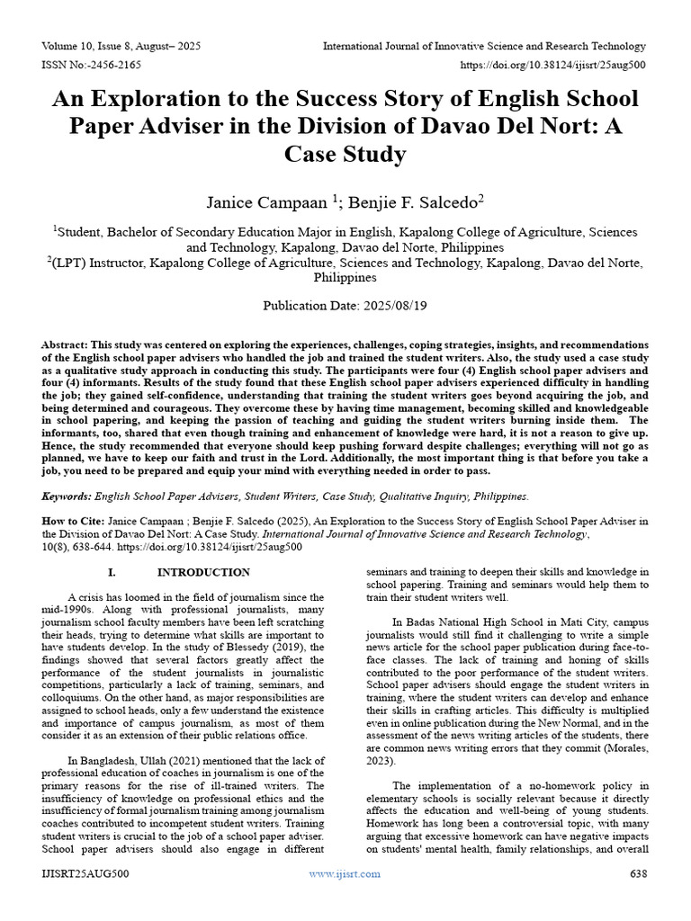 An Exploration To The Success Story of English School Paper Adviser in ...
