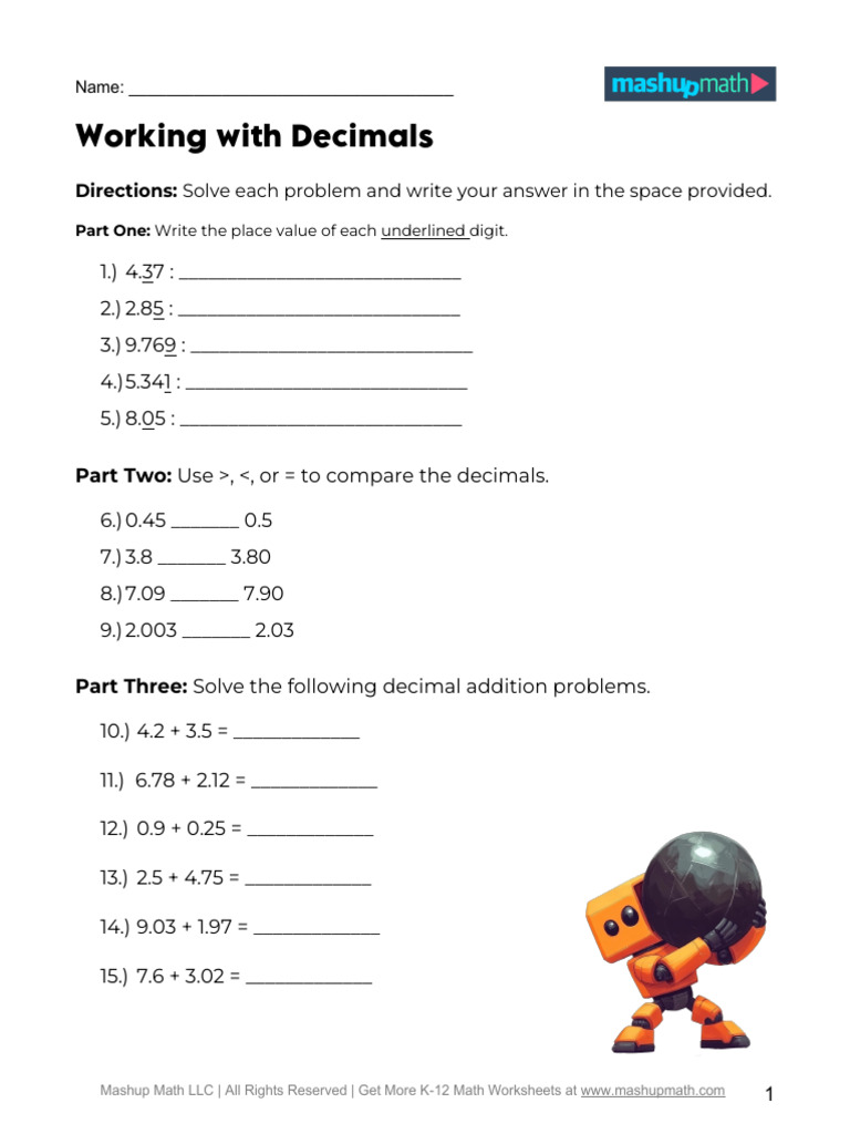 Working with Decimals Worksheet | PDF