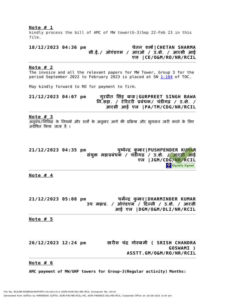 Kindly Process The Bill of AMC of MW Tower (G-3) Sep 22-Feb 23 in This ...