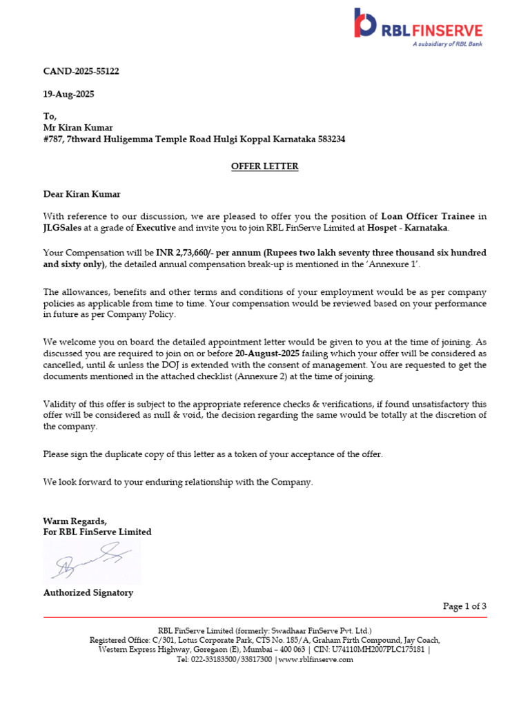 RBL FinServe Loan Officer Offer Letter | PDF | Payroll | Business