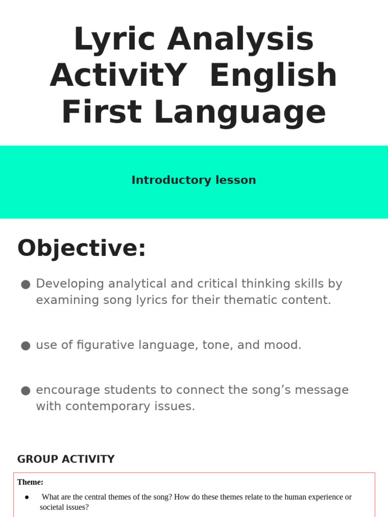Lyric Analysis Activity English First Language | PDF